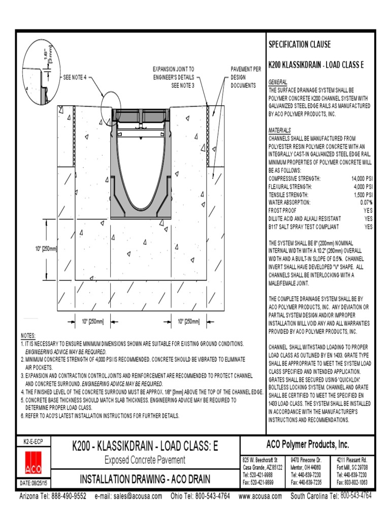 K200 - Klassikdrain - Load Class: E: Installation Drawing - Aco Drain ...