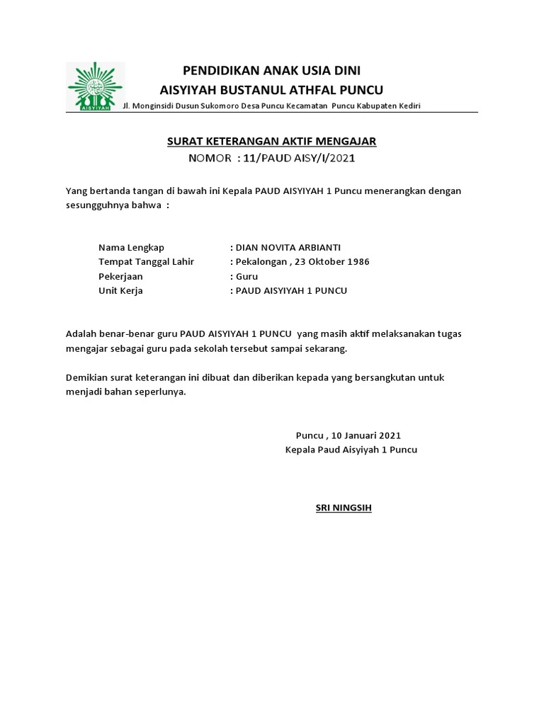 SK Paud Aisyiyah | PDF
