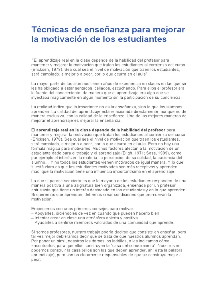 Motivar a Estudiantes: Estrategias Docentes | PDF | Aprendizaje | Maestros