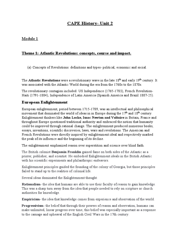 CAPE History - Unit 2 | PDF | Age Of Enlightenment | American ...