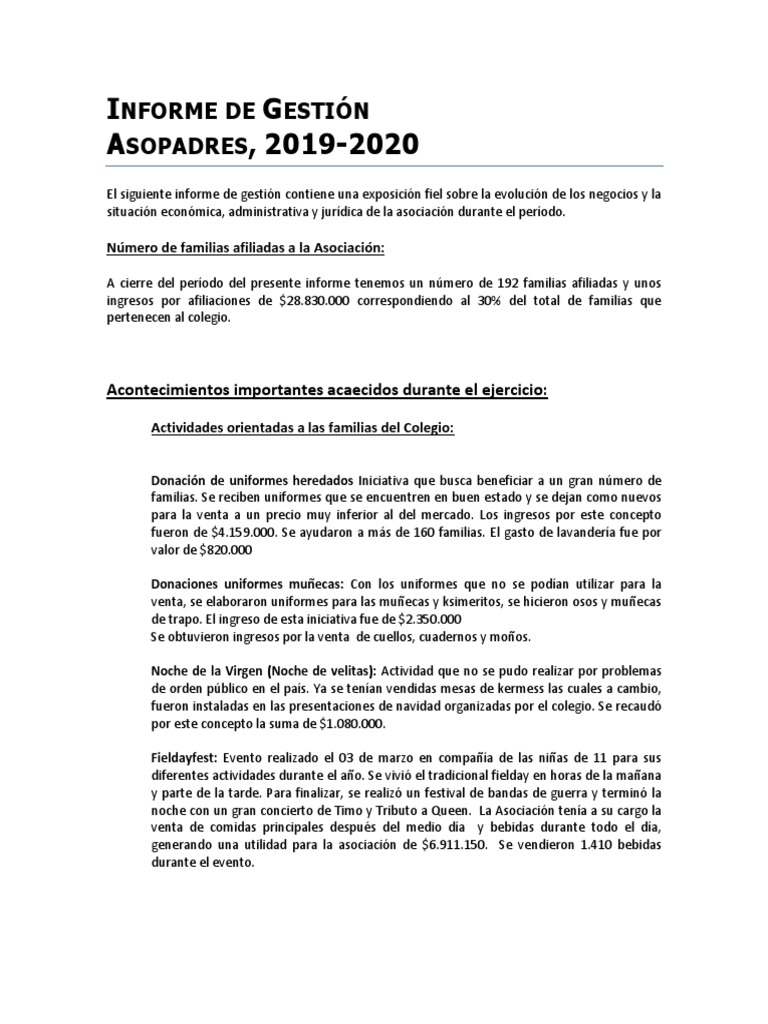 Informe de Gestion 2019 2020 1 | PDF