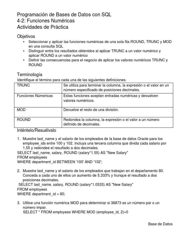 Programación de Bases de Datos Con SQL 4-2: Funciones Numéricas ...