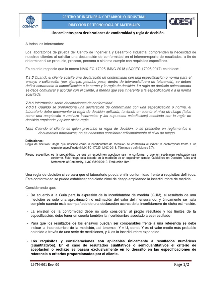 MODELO Lineamientos Declaracion Conformidad Regla Decision | PDF ...