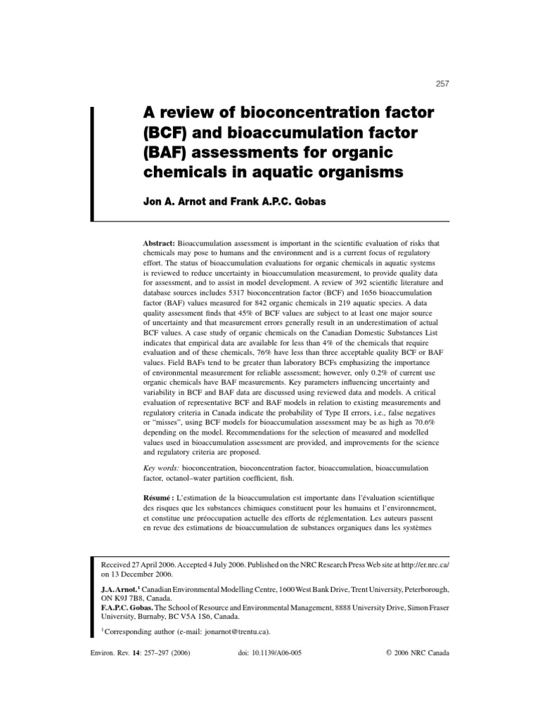 A Review of Bioconcentration Factor (BCF) and Bioaccumulation Factor ...