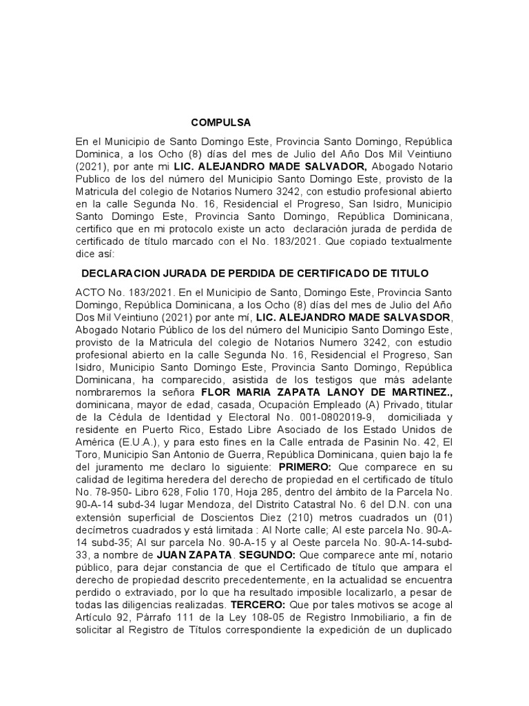 Compulsa de La Declaracion Jurada de Perdida | PDF | República Dominicana | Justicia