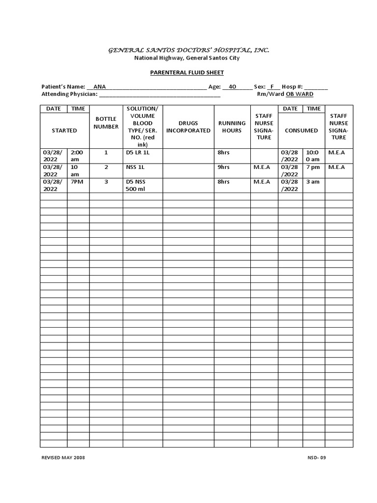 General Santos Doctors' Hospital, Inc.: Parenteral Fluid Sheet | PDF