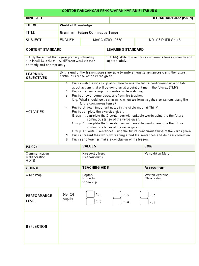 CTH RPH Pembelajaran Terbeza | PDF | Grammatical Tense | Verb
