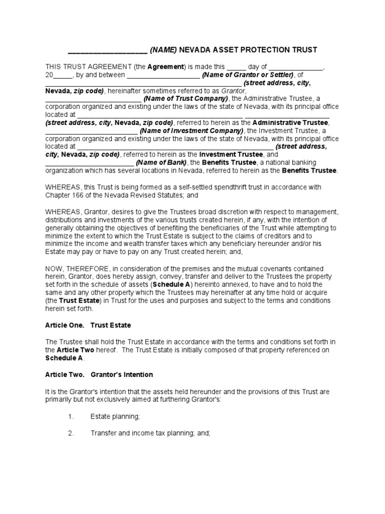 Nevada DAPT Trust Form | PDF | Trust Law | Trustee