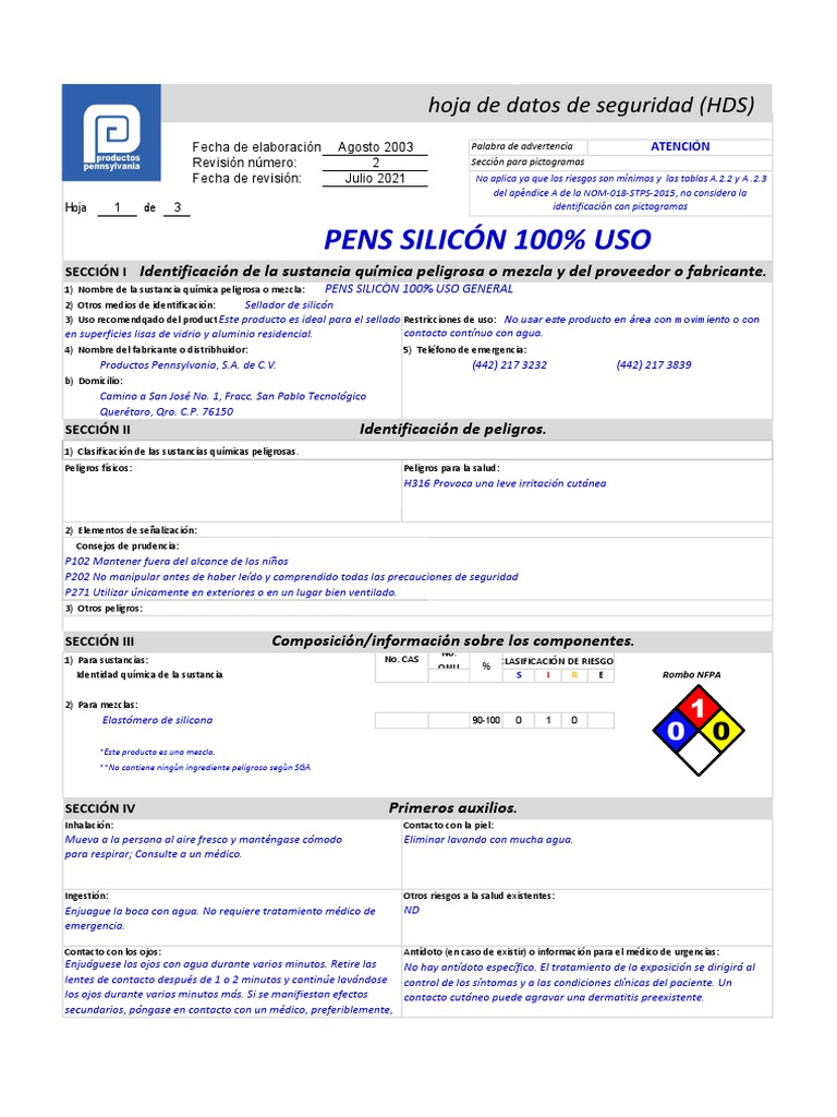 Pens Silicon 100 Uso General. 2022 PDF | PDF | Formaldehído | Agua