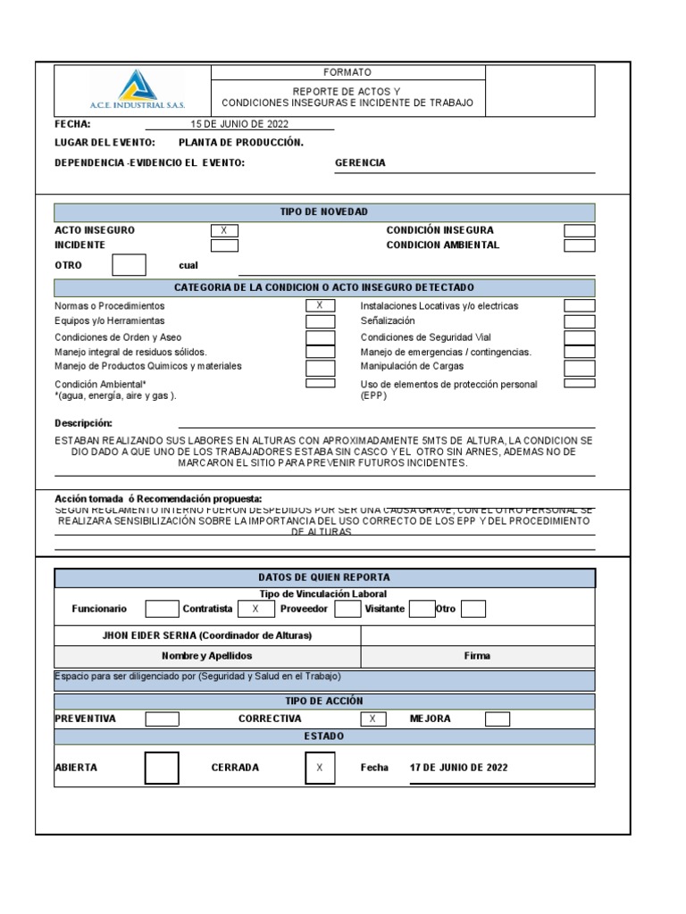 Formato Reporte de Actos y Condiciones Inseguras e Incidentes de ...