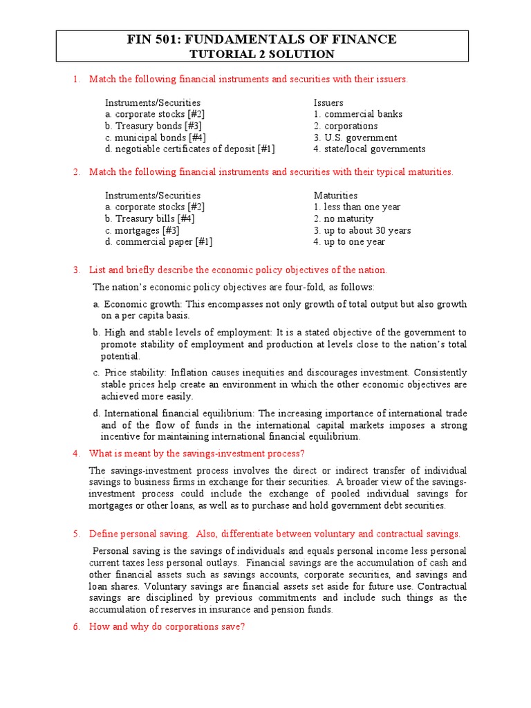 Fin 501: Fundamentals of Finance: Tutorial 2 Solution | PDF | Saving ...