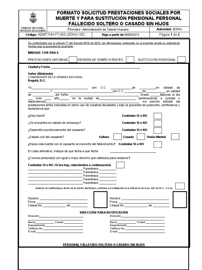 Formato Solicitud Prestaciones Sociales Por Muerte Y para Sustitución Pensional Personal ...