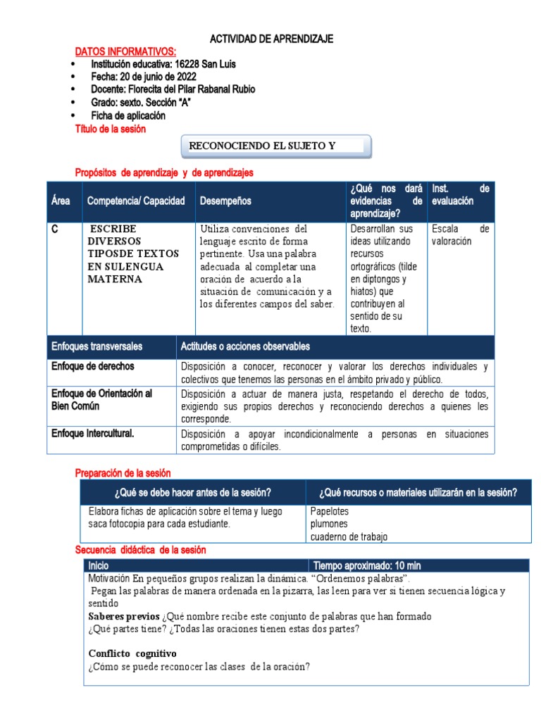 Actividad de Aprendizaje La Oracion | PDF | Oración (Lingüística ...