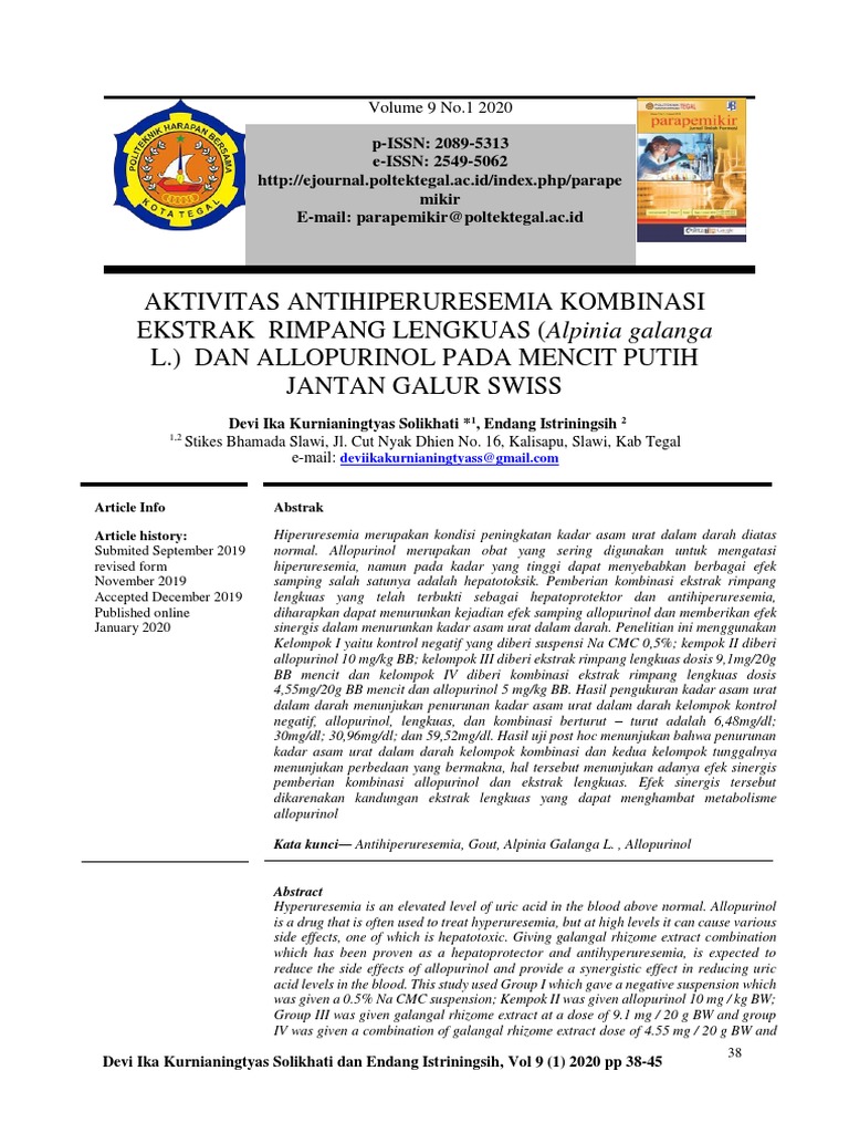 Aktivitas Antihiperuresemia Kombinasi EKSTRAK RIMPANG LENGKUAS (Alpinia ...