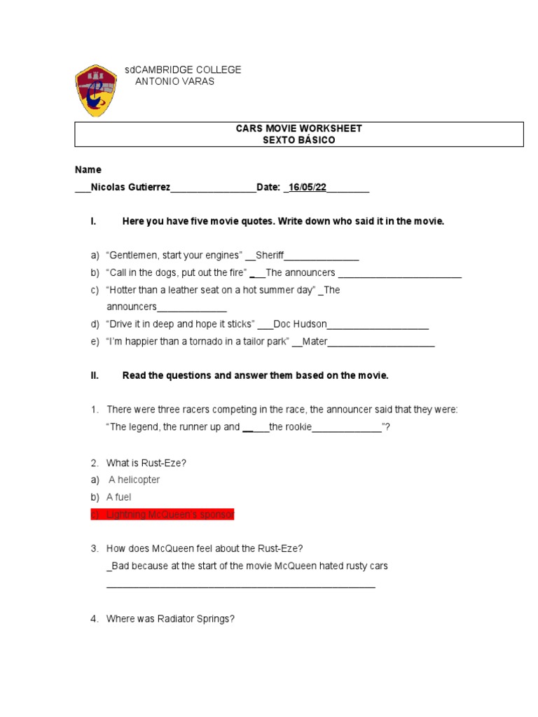 Cars Worksheet 6th Grade | PDF | Auto Racing