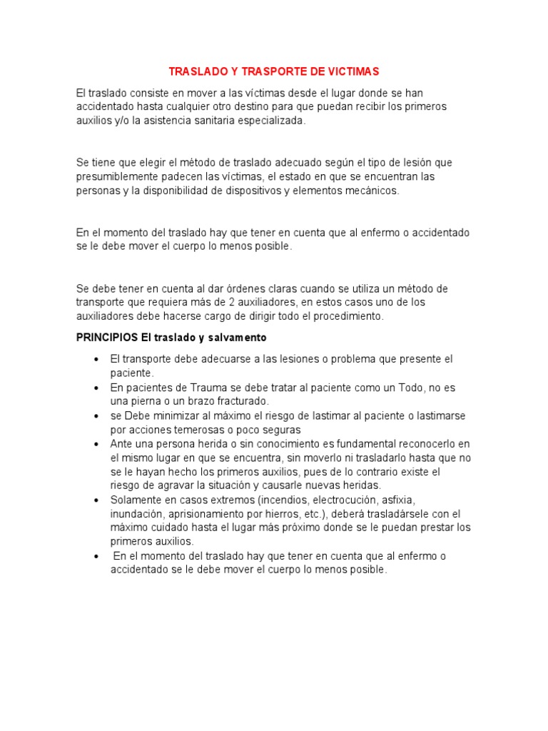 Traslado y Trasporte de Victimas | PDF | Primeros auxilios | Medicina ...