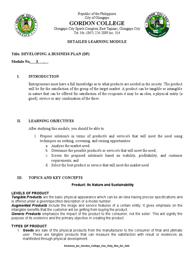 MODULE 3 Developing Business Plan | PDF | Marketing | Product (Business)