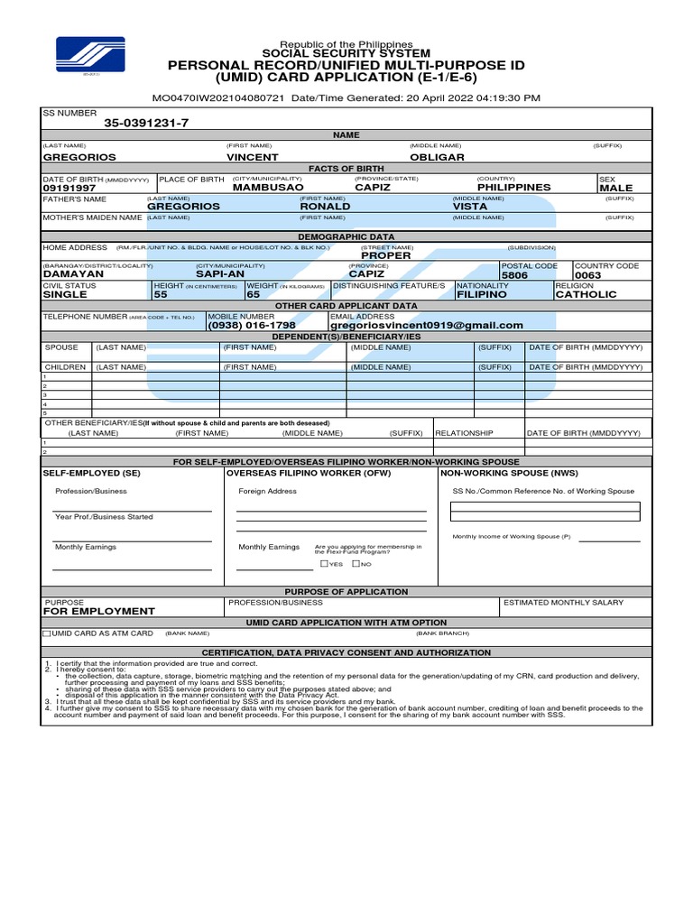 Personal Record/Unified Multi-Purpose Id (Umid) Card Application (E-1/E ...