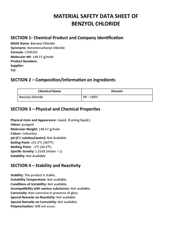 Benzoyl Chloride MSDS Overview | PDF | Toxicity | Respiratory System