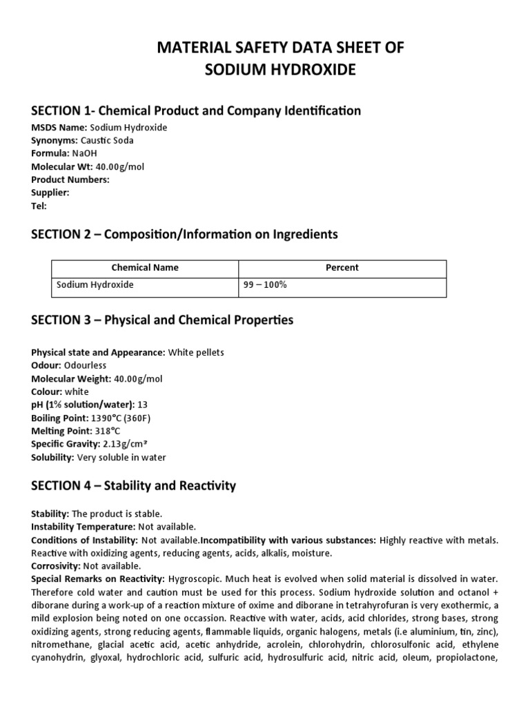 MSDS Naoh | PDF | Sodium Hydroxide | Physical Sciences