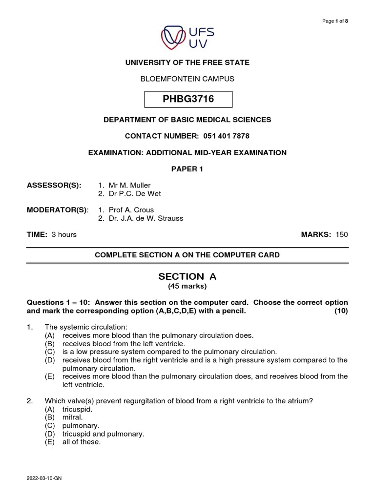 UFS Mid-Year Exam Paper 1 | PDF | Ventricle (Heart) | Heart