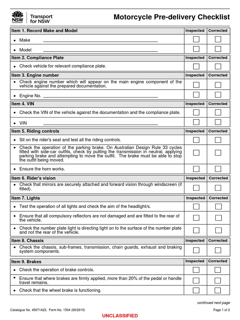 Rms Form 45071423 Motorcycle Pre Delivery Checklist | PDF | Brake ...