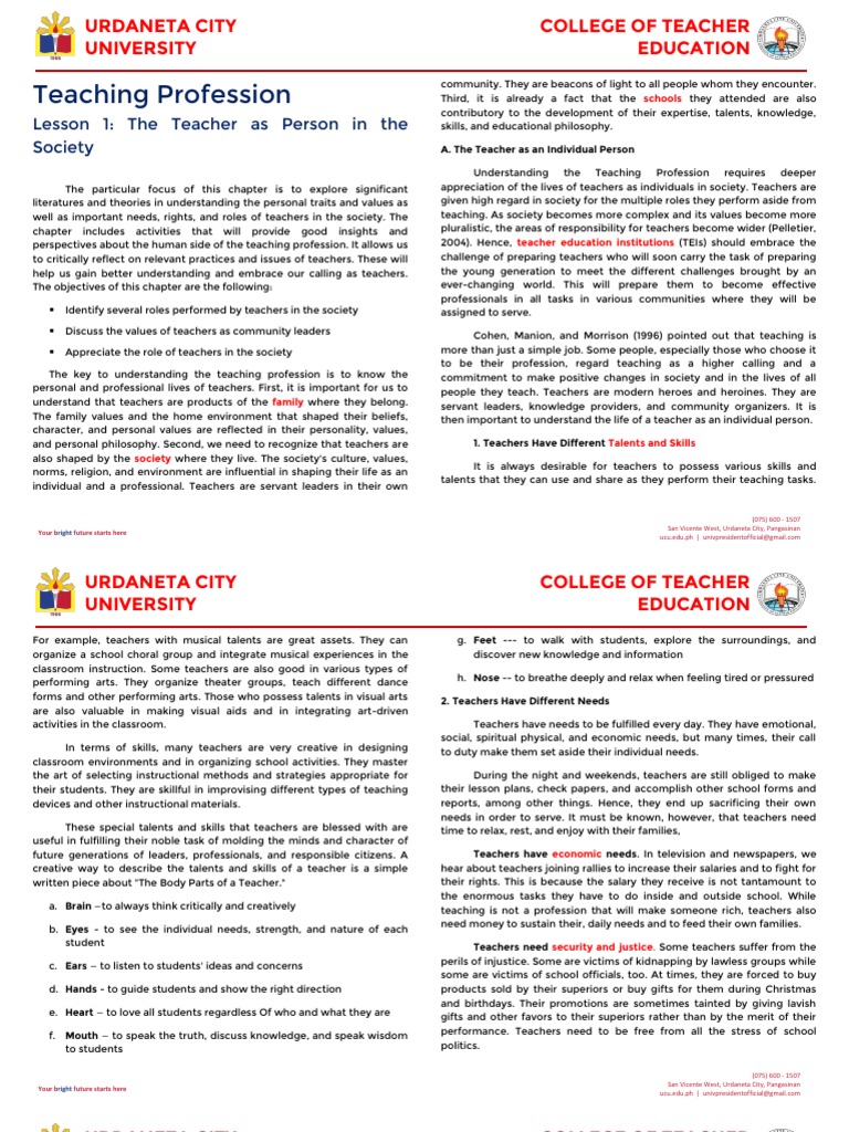 Teaching Profession: Lesson 1: The Teacher As Person in The Society ...