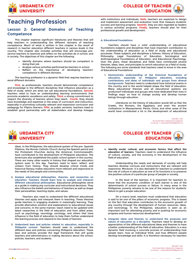 Teaching Profession: Lesson 2: General Domains of Teaching Competence ...