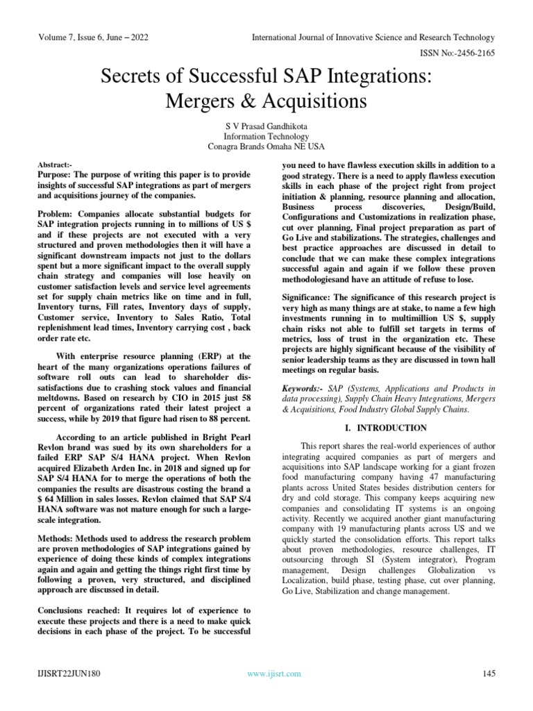 Secrets of Successful SAP Integrations Mergers & Acquisitions | PDF ...