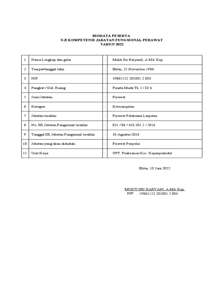 Bio Data Dan Ceklist | PDF