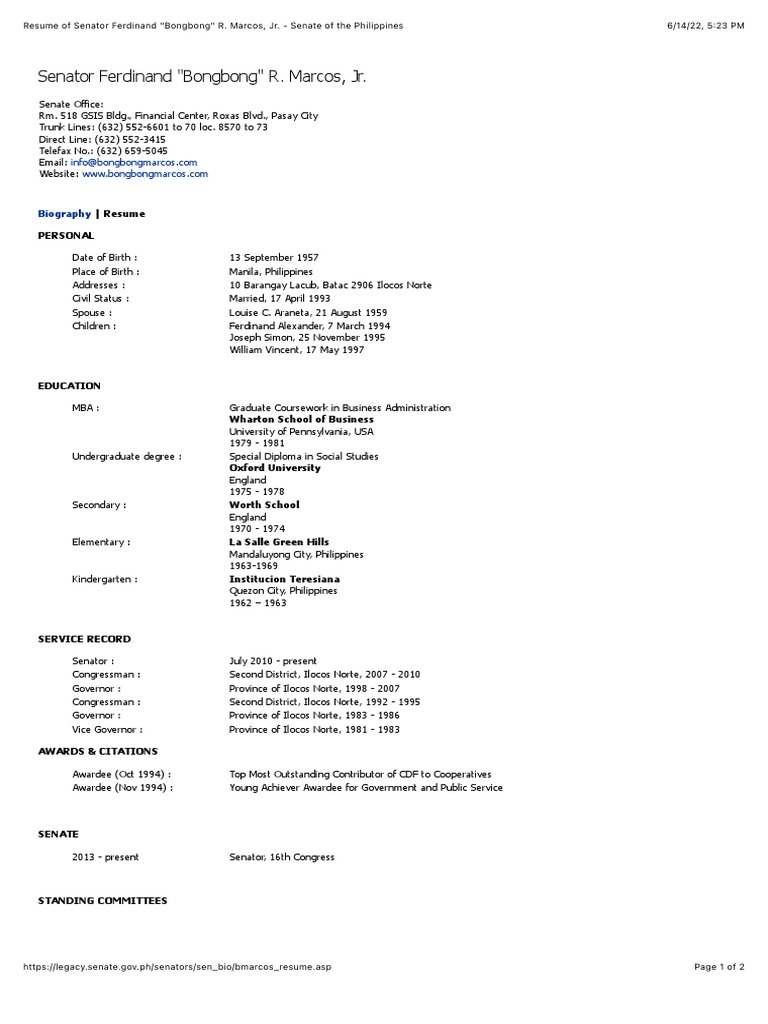Resume of Senator Ferdinand - Bongbong - R. Marcos, Jr. - Senate of The ...