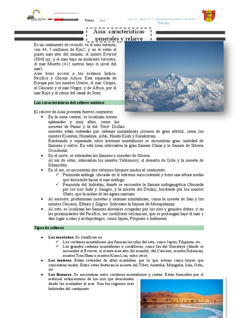 Asia, Caracteristicas Generales y Relieve | PDF | Asia | Himalaya