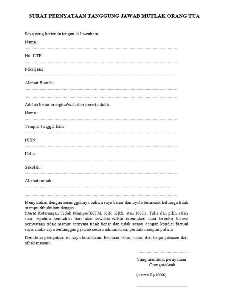 Surat Pernyataan Tanggung Jawab Mutlak Orang Tua | PDF Surat Pernyataan Tanggung Jawab Mutlak Orang Tua | PDF