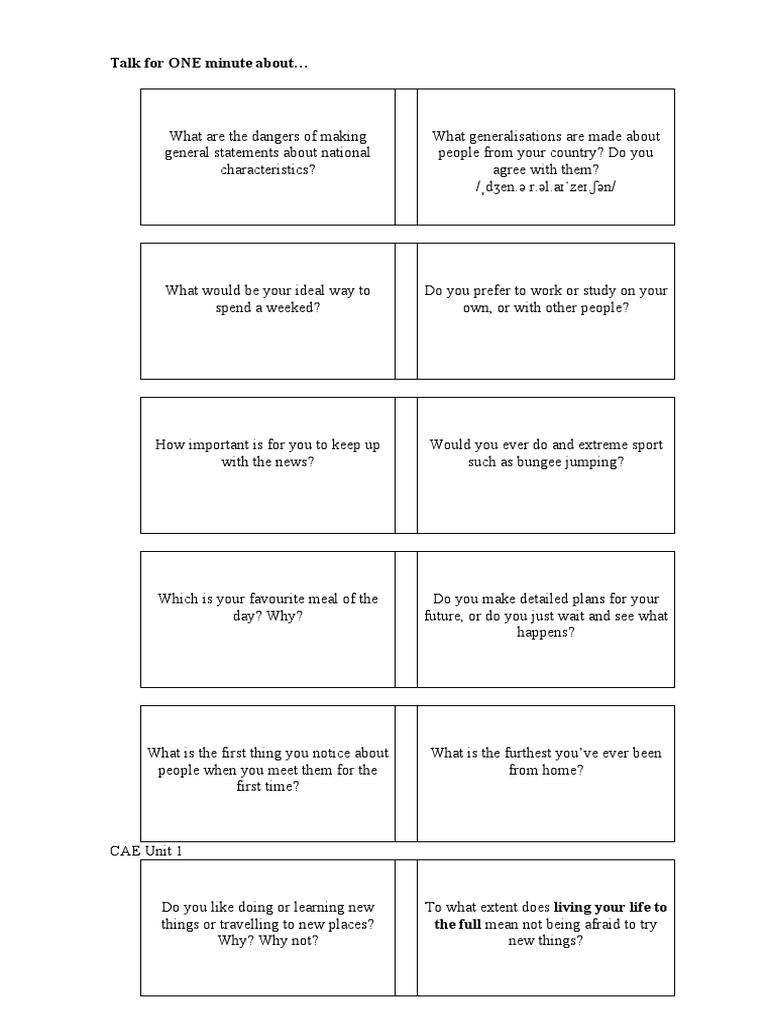 ONE Min Speaking Cards CAE | PDF | Social Science