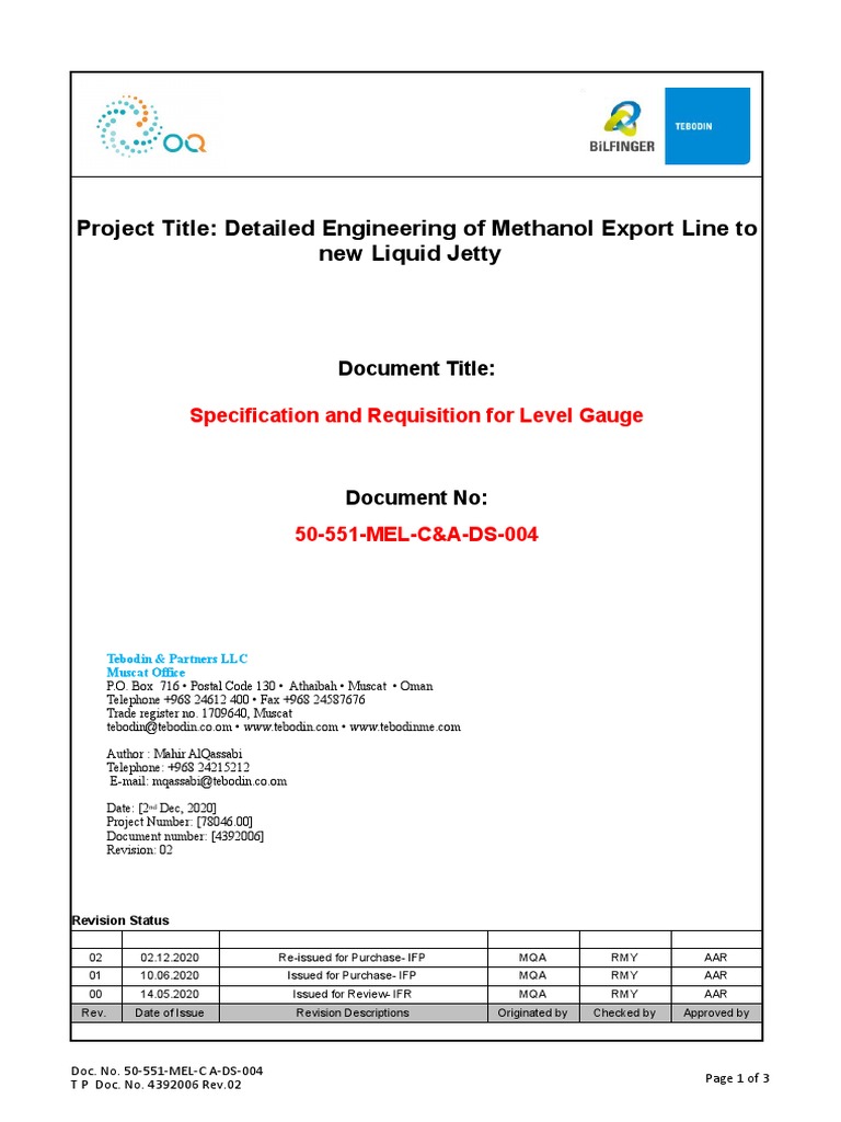 Project Title: Detailed Engineering of Methanol Export Line To New ...