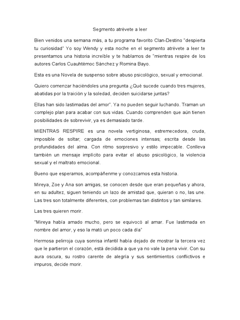 Segmento Atrévete A Leer - Mientras Respire | PDF | Amor