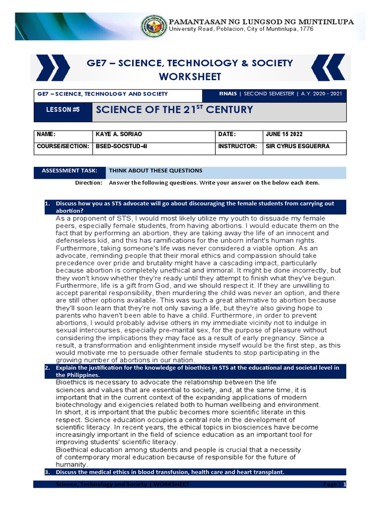 Activity For Lesson #5 - Science of The 21ST Century | PDF | Bioethics ...