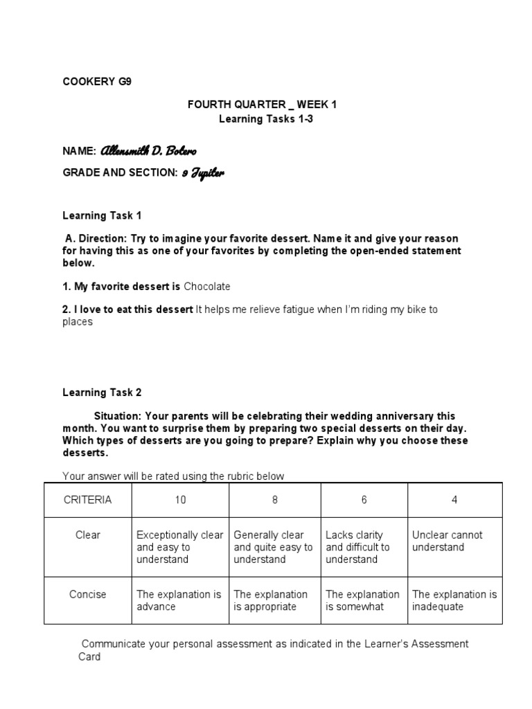 COOKERY G9 QUARTER 4 WEEK1 - Learning Tasks 1-3 | PDF | Desserts | Meal
