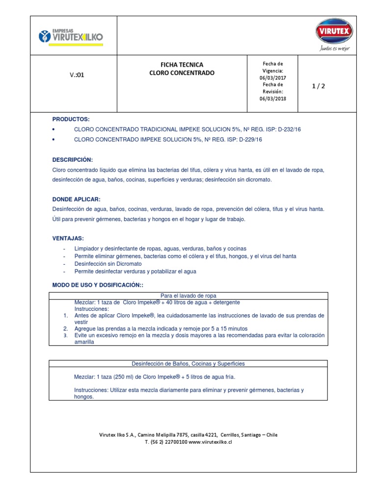 Ficha Técnica Del Cloro. | PDF | Agua | Cloro