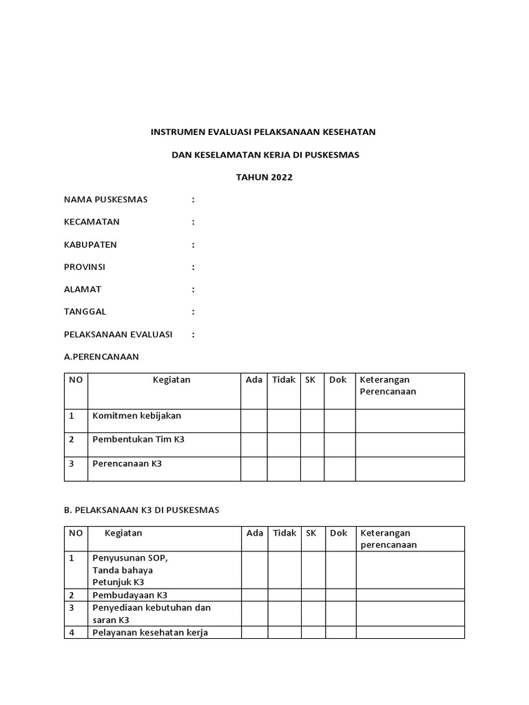 Evaluasi K3 Puskesmas 2022 | PDF