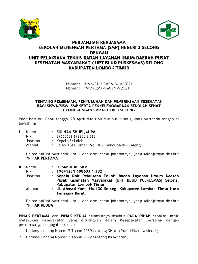 2020 Mou PKM & Sekolah SMPN 3 Selong | PDF