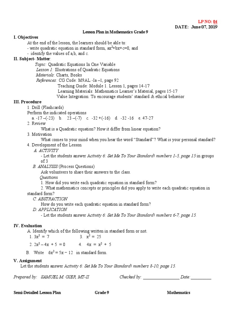 Lesson 3. Rewriting Quadratic Equation | PDF | Speed | Equations