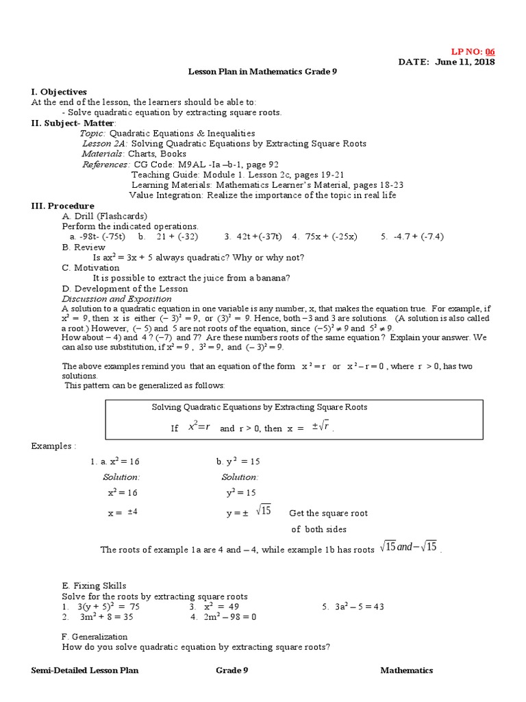 Grade 9 Quadratic Equations Lesson Plan | PDF | Equations | Quadratic ...