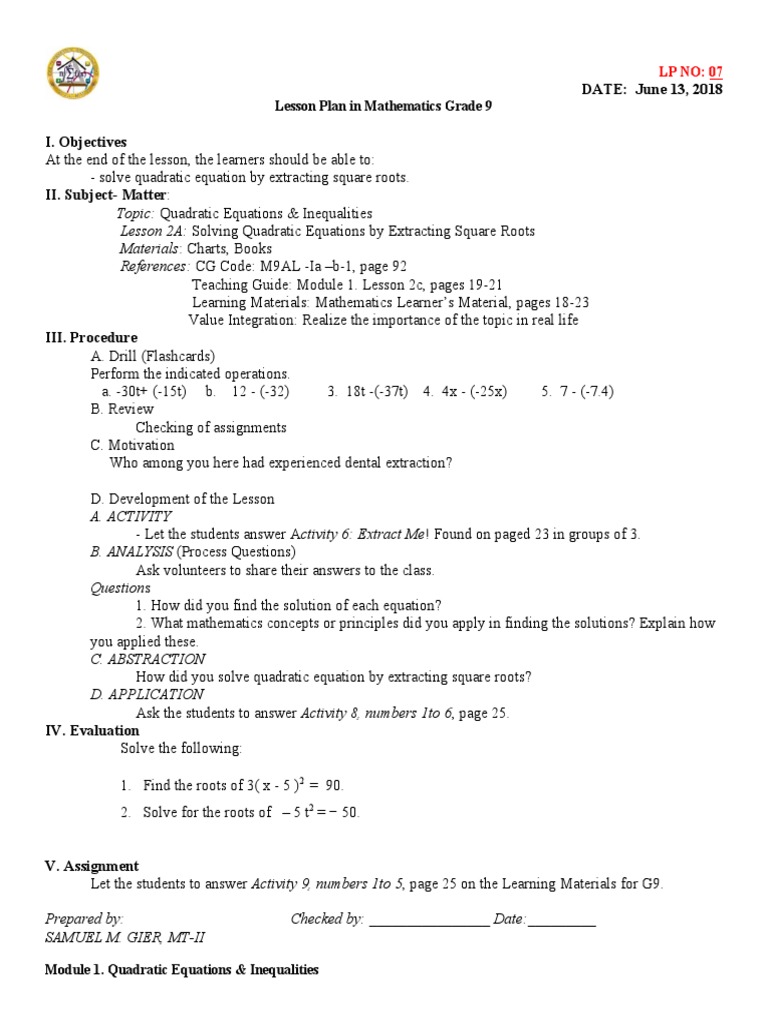 Grade 9 Quadratic Equations Lesson Plan | PDF | Teaching Methods ...