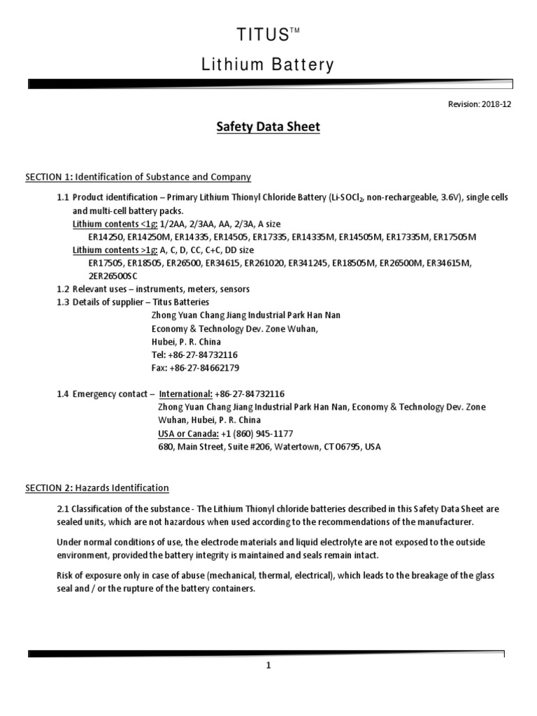 Titus Lithium Battery: Safety Data Sheet | PDF | Firefighting | Lithium