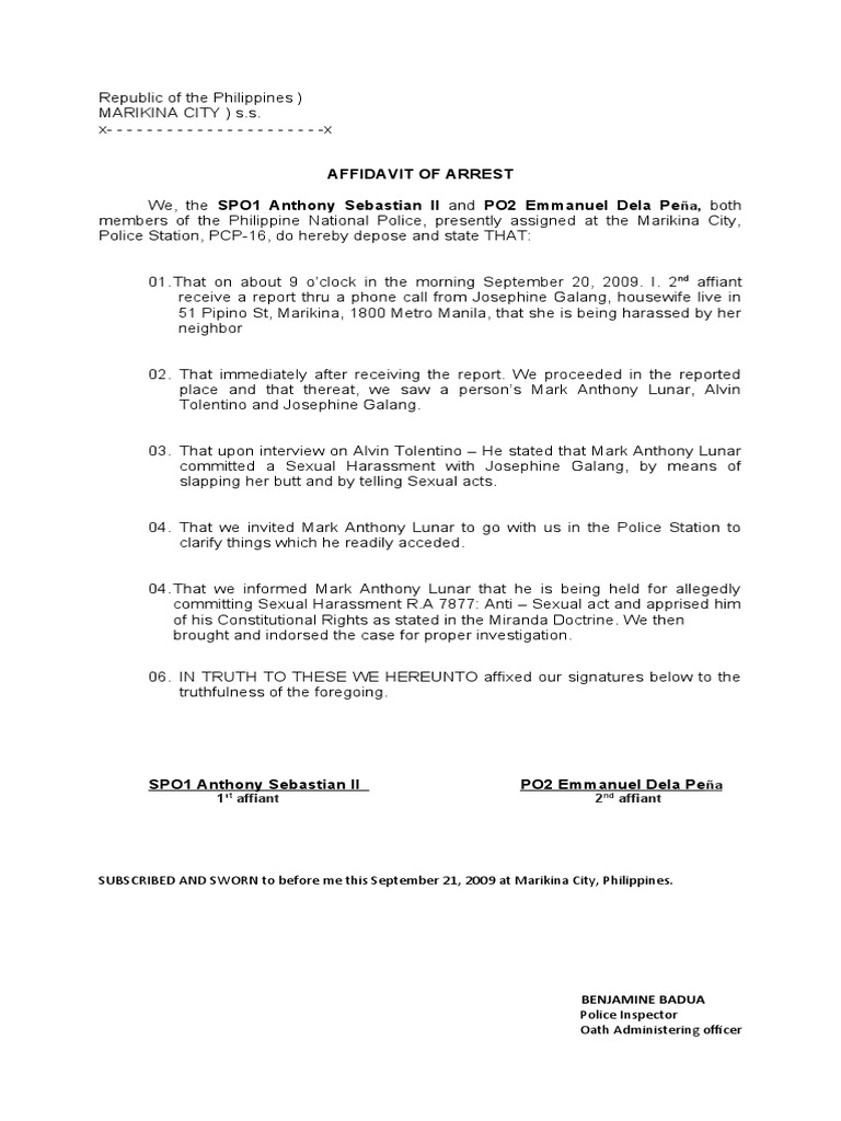 Sample of Affidavit of Arresting Officers | PDF | Affidavit | Judiciaries