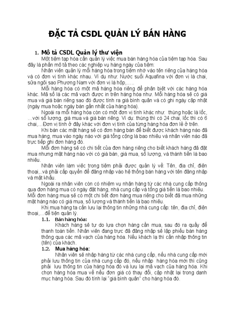Dac Ta Co So Du Lieu Quan Ly Ban Hang | PDF