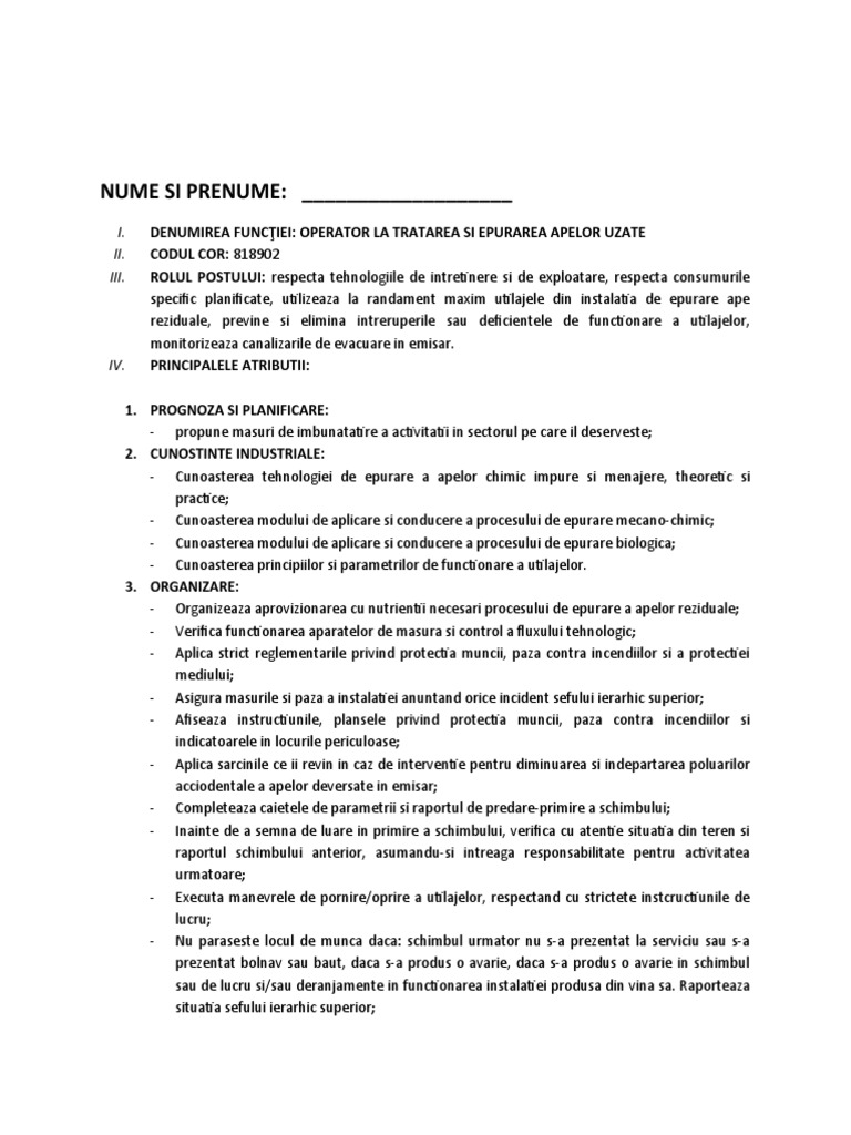 Fisa Postului Operator Statie Epurare | PDF