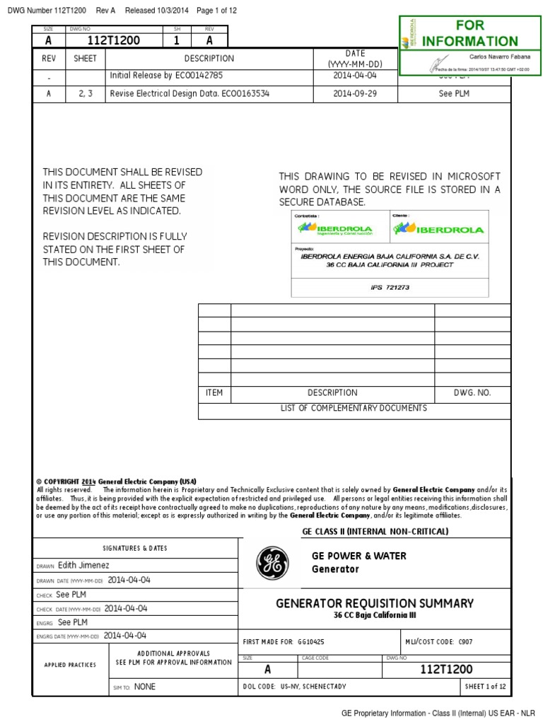 C907 GENERATOR REQUISITION SUMMARY SHEETS 112T1200 (GT GEN) Rev A | PDF ...