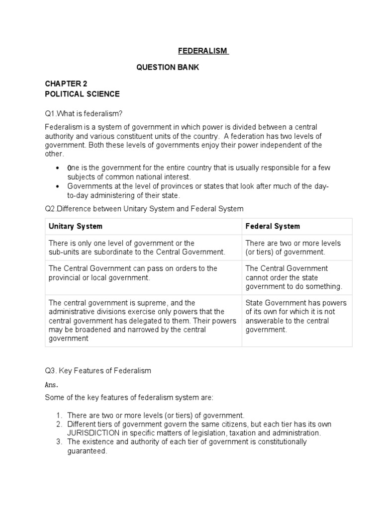 FEDERALISM Notes Class 10 | PDF | Federalism | Federation